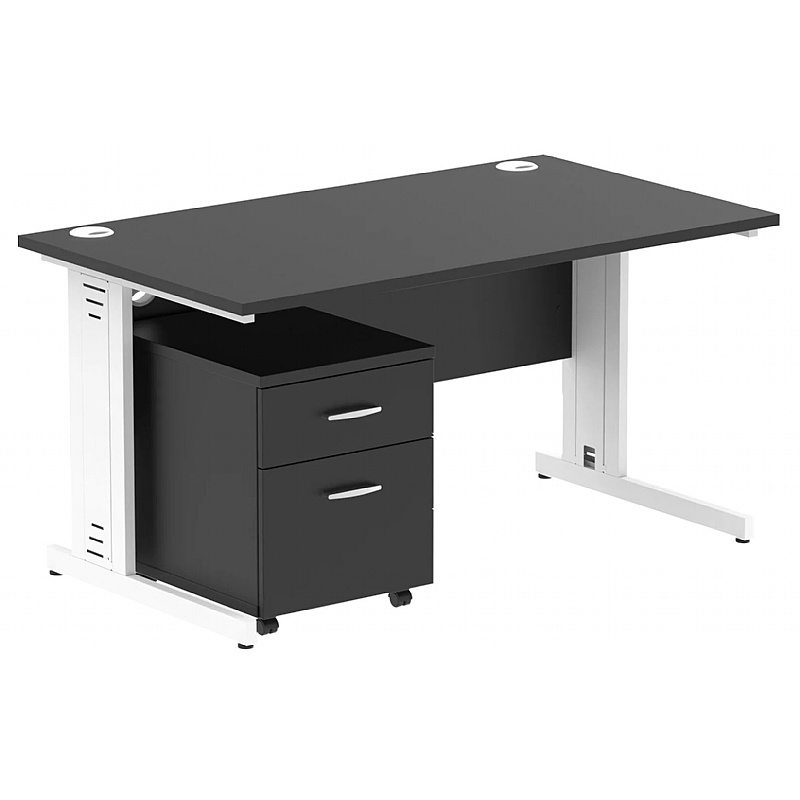 Onyx Black Rectangular Cable Managed Office Desk With Mobile Pedestal ...