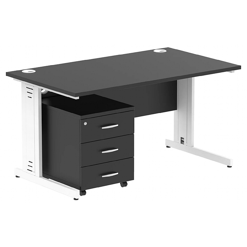 Onyx Black Rectangular Cable Managed Office Desk With Mobile Pedestal ...